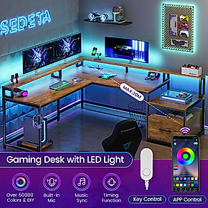 SEDETA L Shaped Desk, 66" Home Office Desk with File Drawer & Power Outlet, Gaming Desk with Led Lights, Corner Computer Desk with Monitor Shelf, Printer Storage Shelves, Two Person Desk, Rustic Brown
