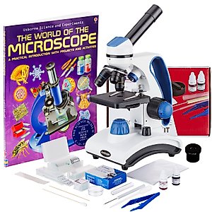 AmScope M162C-2L-PB10-WM-SP14-50P100S 40X-1000X Beginners Microscope Kit for Kids & Students w/Complete Science Accessory Kit + World of The Microscope Book