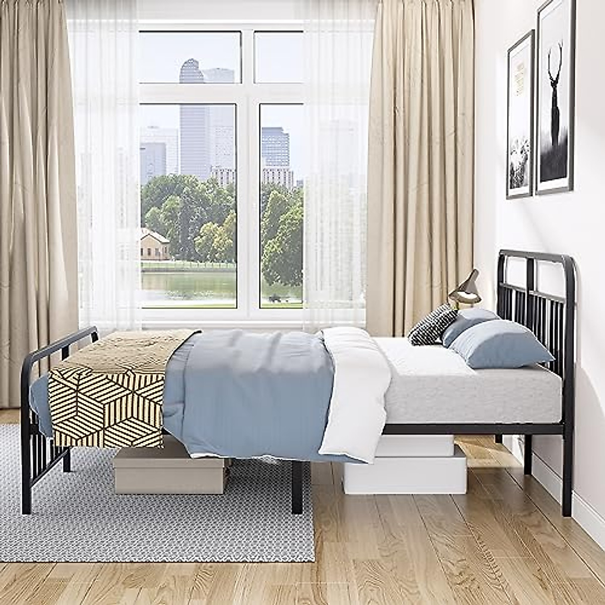 12in Queen Metal Bed Frame, Heavy Duty Platform Bed No Box Spring Needed,Queen Size Solid Steel Bed with Headboard and Footboard Support for 1100LBS, Noise Free, Easy Assembly,Black