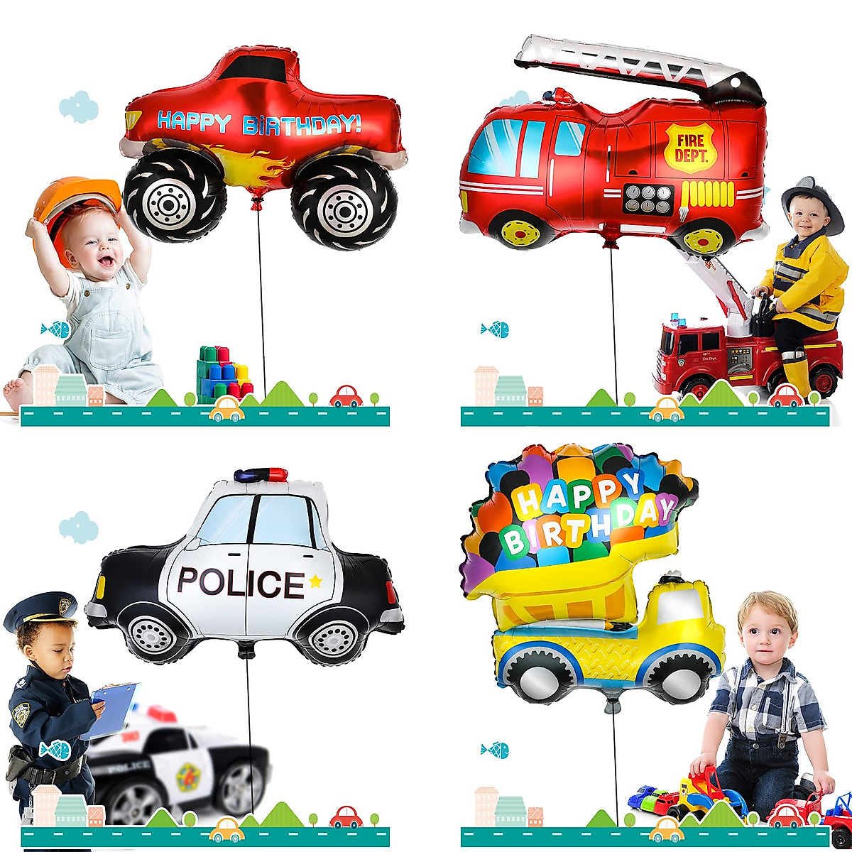 10 Pieces Transportation Birthday Party Decoration for Boys Car Balloons Ice Cream Cart School Bus Fire Truck Train Police Bulldozer Pickup Truck Truck Oval Balloons Foil Balloons