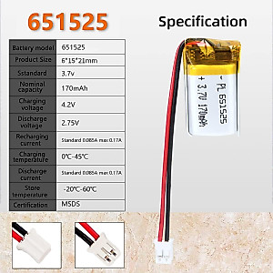 YDL 3.7V 170mAh 651525 Lipo Battery Rechargeable Lithium Polymer ion Battery Pack with PH2.0mm JST Connector