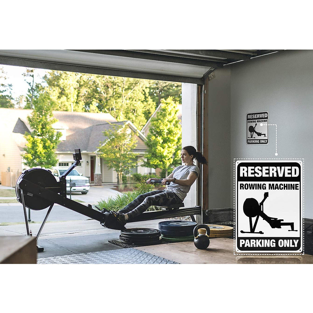Rowing Machine Parking Embossed Tin Sign ideal for Rowing Machine Accessories, Home Gym Rowers, Rowing Clubs, and more (BLACK)