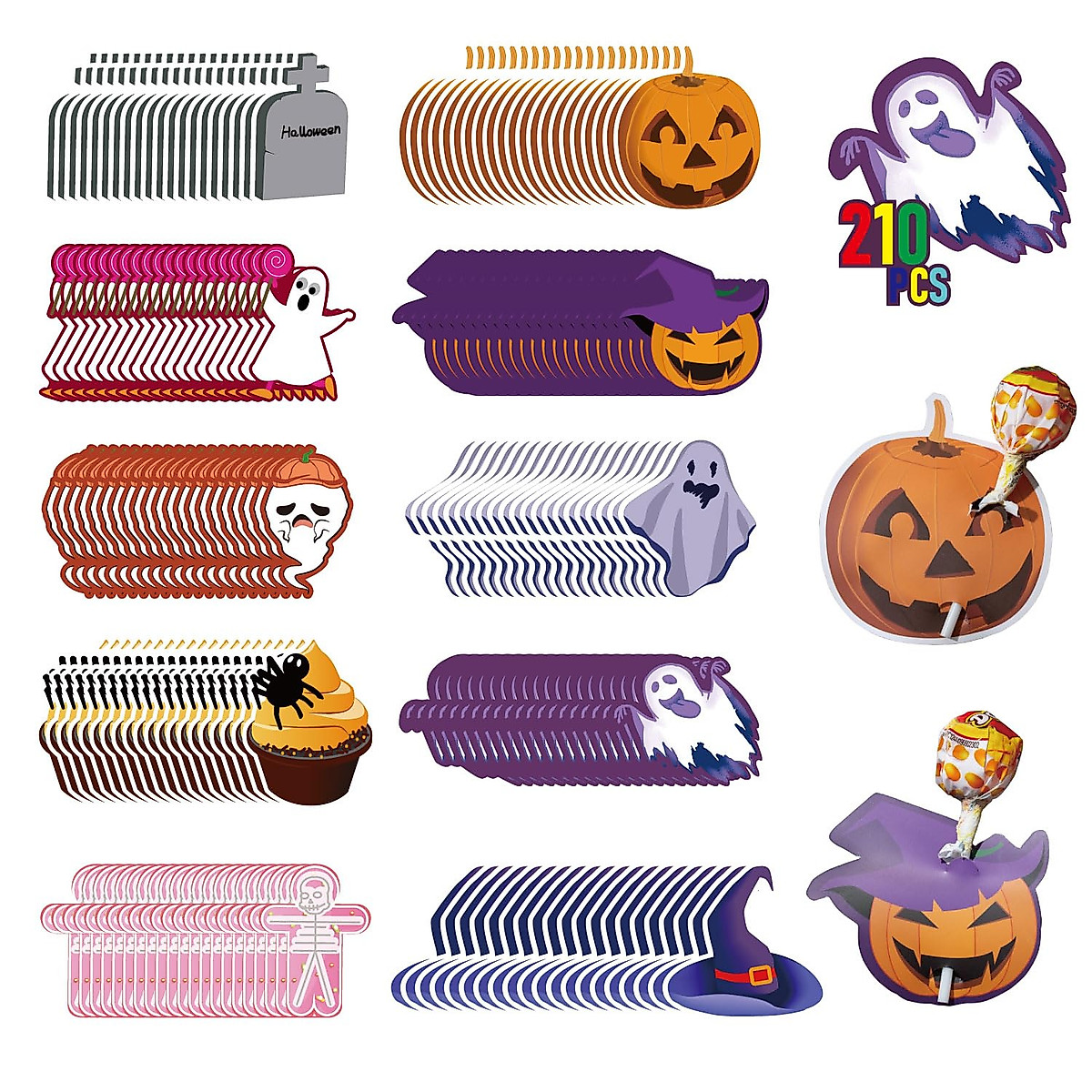 Riseyue Christmas Halloween Lollipop Decoration Card Paper Variety of Design Candy Holder Gift Cards School Games Prizes (210pcs Halloween candy card)