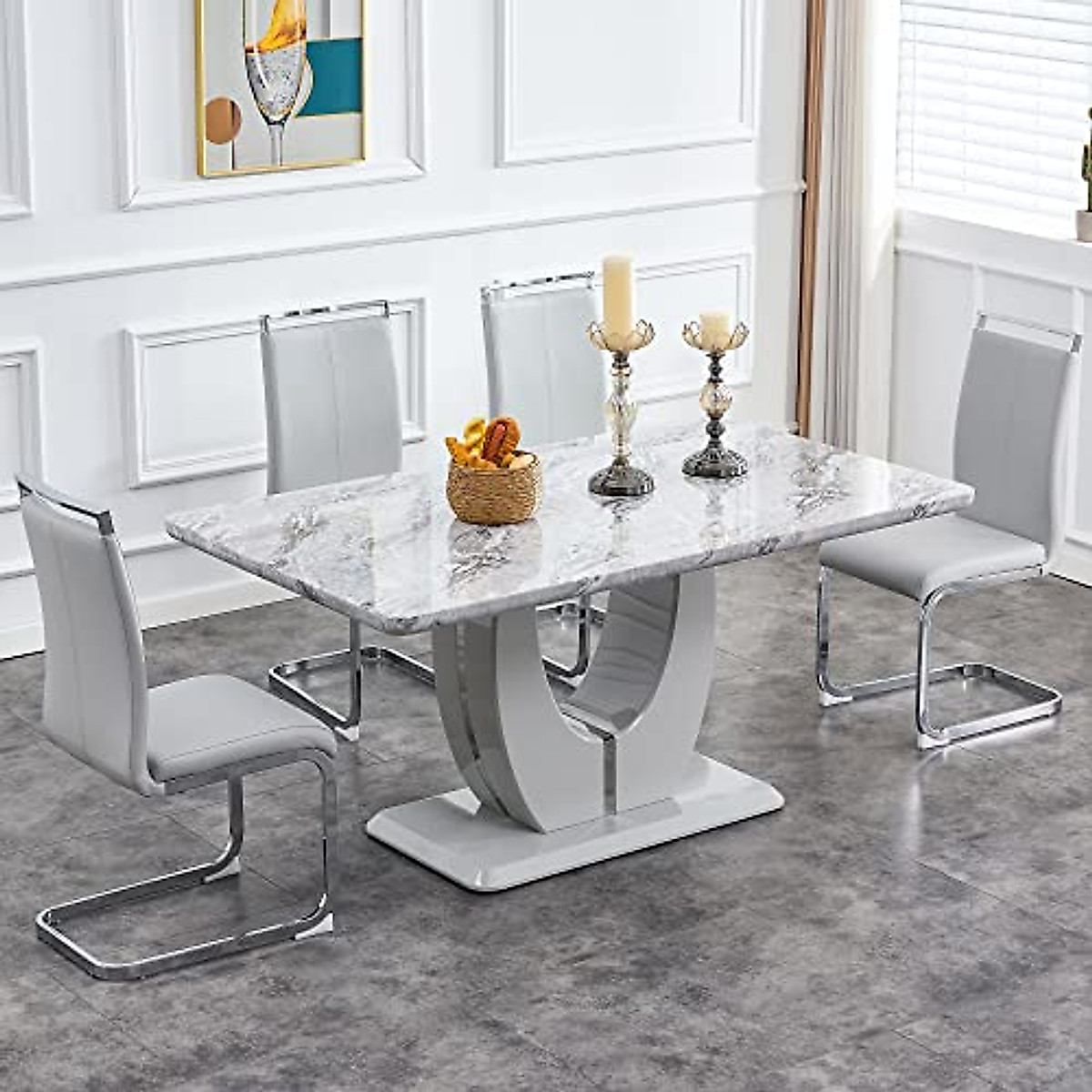 Modern Imitation Marble Dining Table for 4-8, Durable Traditional Marble Design Rectangle Kitchen Dining Table for Living Room, Dining Room,Home and Office Grey