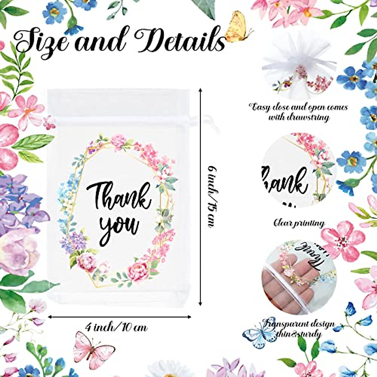 200 Pcs Thank You Bags Sheer Organza Bags 4x6 Inch Floral Design Small Thank You Gift Bags Bulk Jewelry Present Bags with Drawstring Mesh Wedding Party Favor Bags for Wedding Baby Shower Christmas