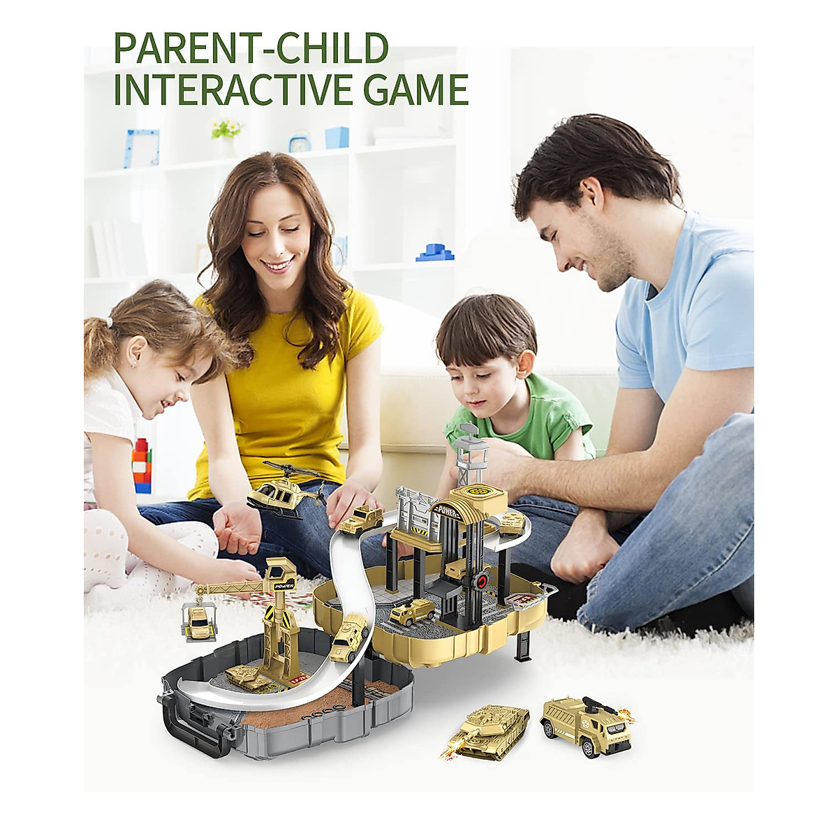 Siairo Construction Toy Construction Vehicles Trucks, Car Track Toy, Vehicle Playsets with Race Track, Excavator Crane Bulldozer Helicopter Toy for Boys Toddlers Kids (Military Theme)