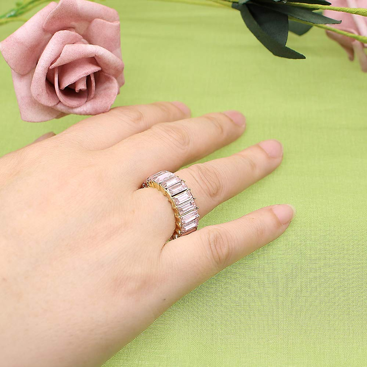 HSQYJ Rainbow Baguette Band Ring Eternity Band Cubic Zirconia Ring Gold Plated Fashion Luxury Jewelry Crystal Cocktail Rings for Women Gift