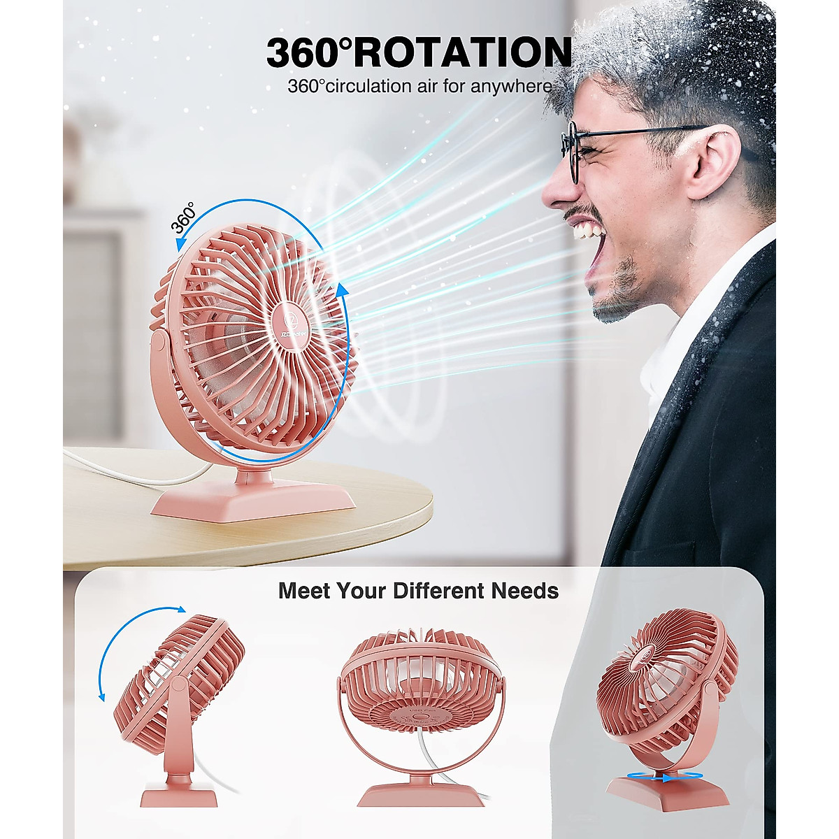 JZCreater USB Desk Fan, USB Fan Mini, 360 Rotation Desktop Fan with 3 Speed, Table Personal Cooling Fan, Quiet Mini Desk Fan, USB Powered, Small Fan for Home Office Bedroom Car Travel, Pink