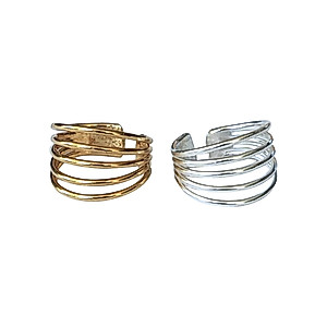 Handmade Silver 2Pcs Tiny Multi Band Thin Ear Cuffs Non-Piercing Huggie Earrings, 1xSterling Silver 1xGold Plated, Dainty Fake Cartilage Helix Non-Pierced Ear Wrap Clip on for Women, By Miya Jewelry
