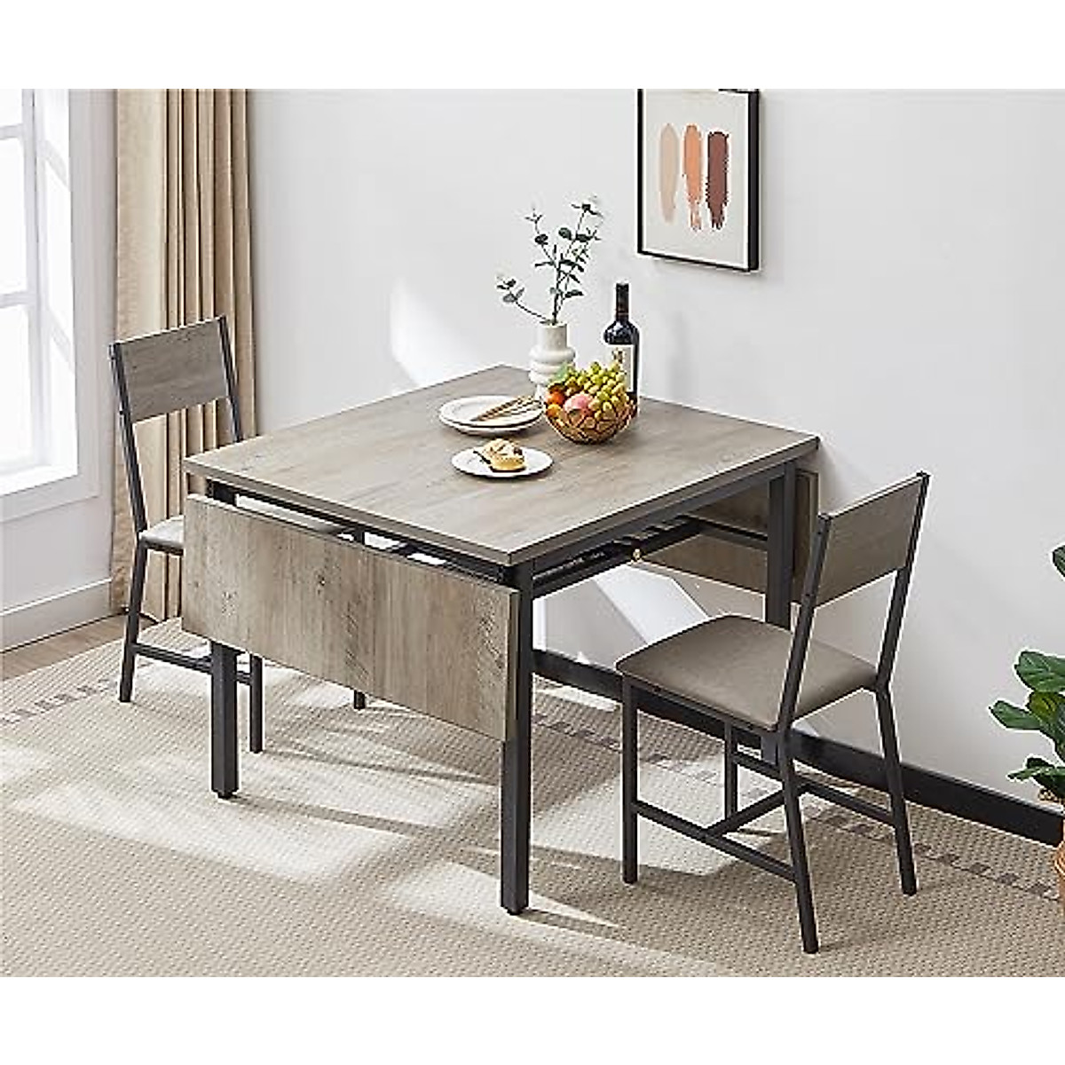 AMNOOL Folding Dining Table 1.2 Inch Thick Table Top Rectangle Retractable Dining Table with 2 Drop Leaves Adjustable Legs Desk Game Table for Dining Room Living Room Small Space (Grey)