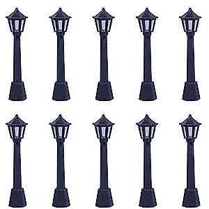 10pcs Mini Miniature Street Light Model, Railway Train Post Lamps, Black Lamp Outdoor Pathway Lantern Post for Dollhouse Decoration Micro Landscape Fairy Garden Lighting Accessories, Black