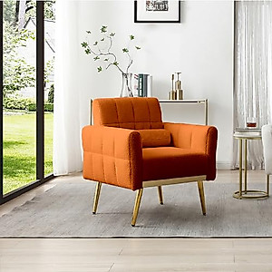 Penifun Teddy Accent Modern Side Gold Legs & Waist Pillow, Single Sofa Couch Armchair Reading Chairs for Living Waiting Room Bedroom Orange