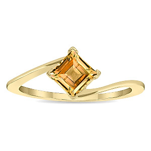 Women's Solitaire Square Shaped Citrine Wave Ring in 10K Yellow Gold