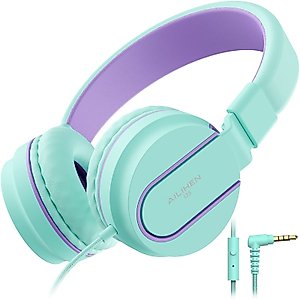 AILIHEN I35 Kids Headphones Wired with Microphone Volume Limited 93dB Children Girls Boys Teen Lightweight Foldable Headset for School Online Course Chromebook Cellphones Tablets (Green Purple)