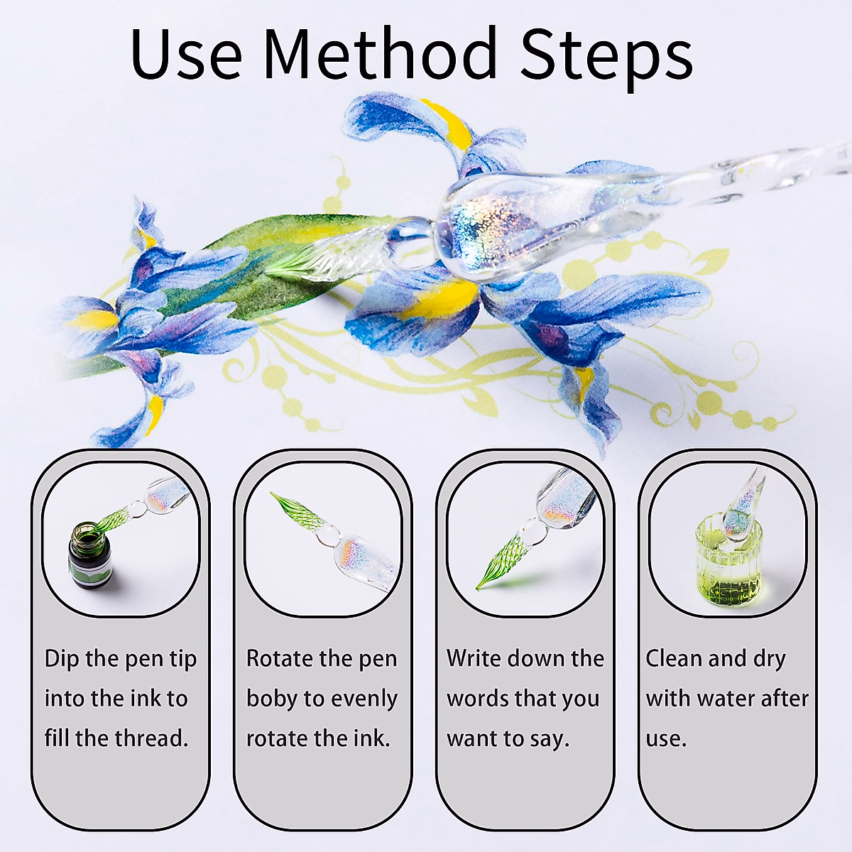 ESSSHOP Handmade Glass Dip Pen Set, Calligraphy Fountain Pen Kit- 12 Colors Ink, Glass Washing Cup, Pen Holder, Crystal Rainbow Glass Ink Pen for Art, Writing,Drawing, Signatures, Mother's Day Gifts