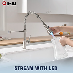 GIMILI Kitchen Faucet with Sprayer Modern Single Handle Pull Down Sprayer Brushed Nickel Kitchen Faucet Pull Down with LED Light