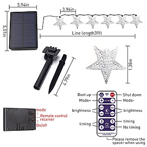 Solar star string lights, 39Ft 100LED, solar fairy lights with remote control 8 lighting modes, outdoor waterproof star flashing lights, suitable for home/party/garden/wedding/Christmas (warm white)