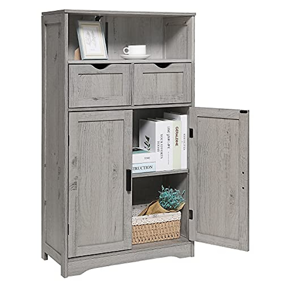 Iwell Large Storage Cabinet, Bathroom Storage Cabinet with 2 Drawers & 2 Shelves, Floor Cabinet for Living Room, Bedroom, Home Office, Grey