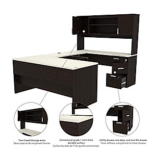 Bestar Ridgeley U-Shaped Executive Desk with Pedestal and Hutch, 65W, White Chocolate