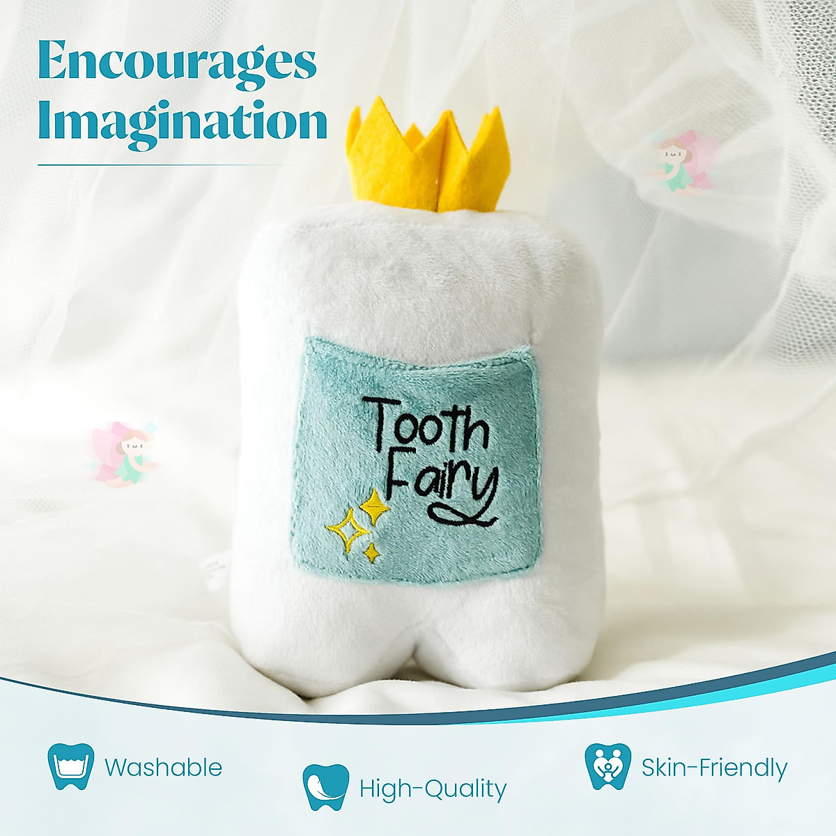 6" Tooth Fairy Pillow with Back Pocket - Soft Plush Stuffed Animal Toy for Kids, Boy or Girl - Squishable Holder