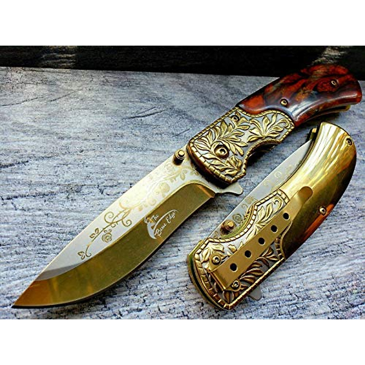 9" Gold Samurai Spring Assisted Folding Tactical Pocket Stainless Steel Blade Knife Sculpted Art