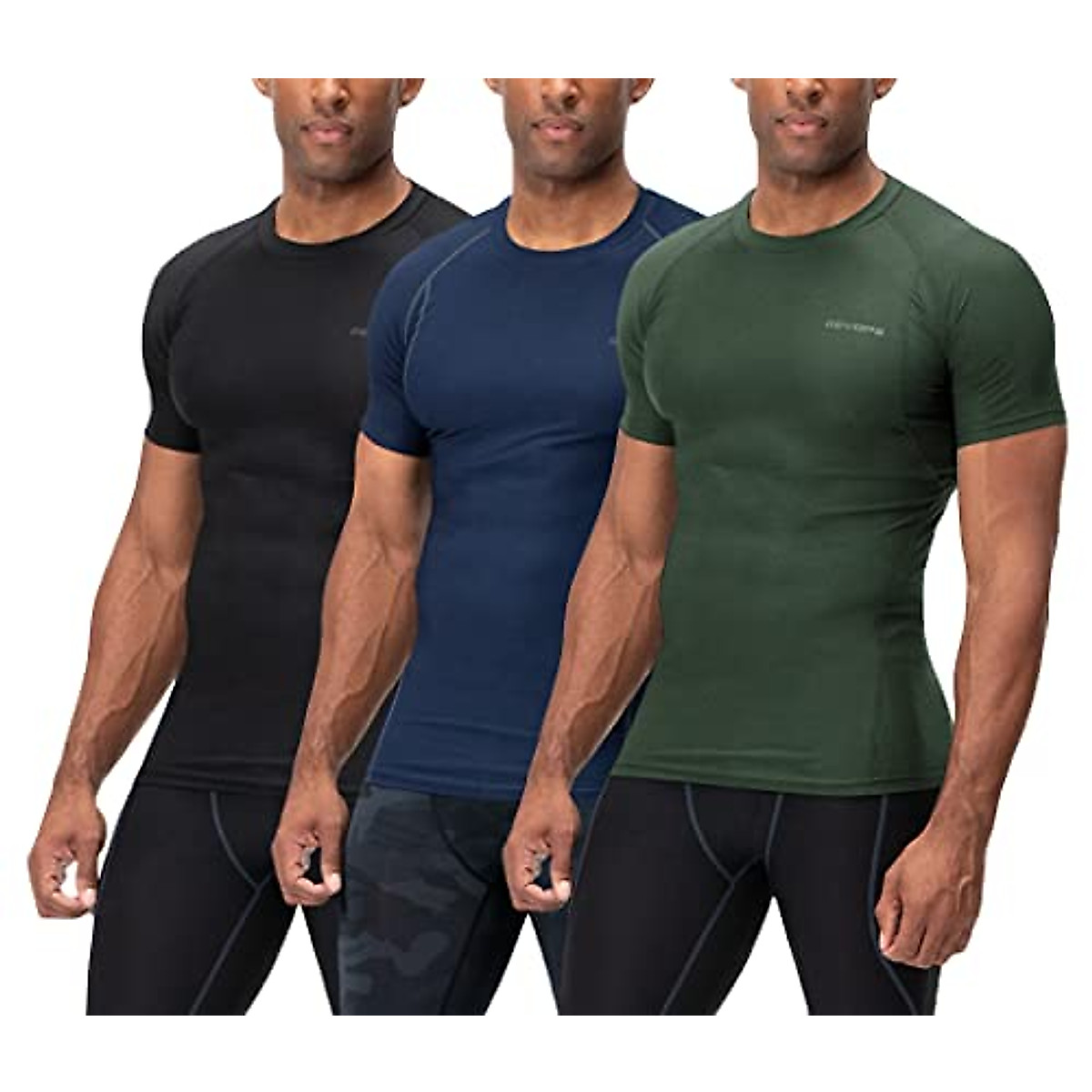 DEVOPS 3 Pack Men's Cool Dry Short Sleeve Compression Shirts, Sports Baselayer T-Shirts Tops, Athletic Workout Shirt (Large, Black/Navy/Olive)