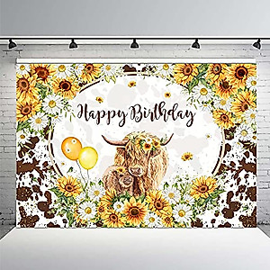 MEHOFOND 7x5ft Highland Cows Floral Birthday Backdrop Brown Cattles Happy Birthday Party Decorations Sunflowers Farm Cow Photography Background for Girls Cake Table Banner Supplies