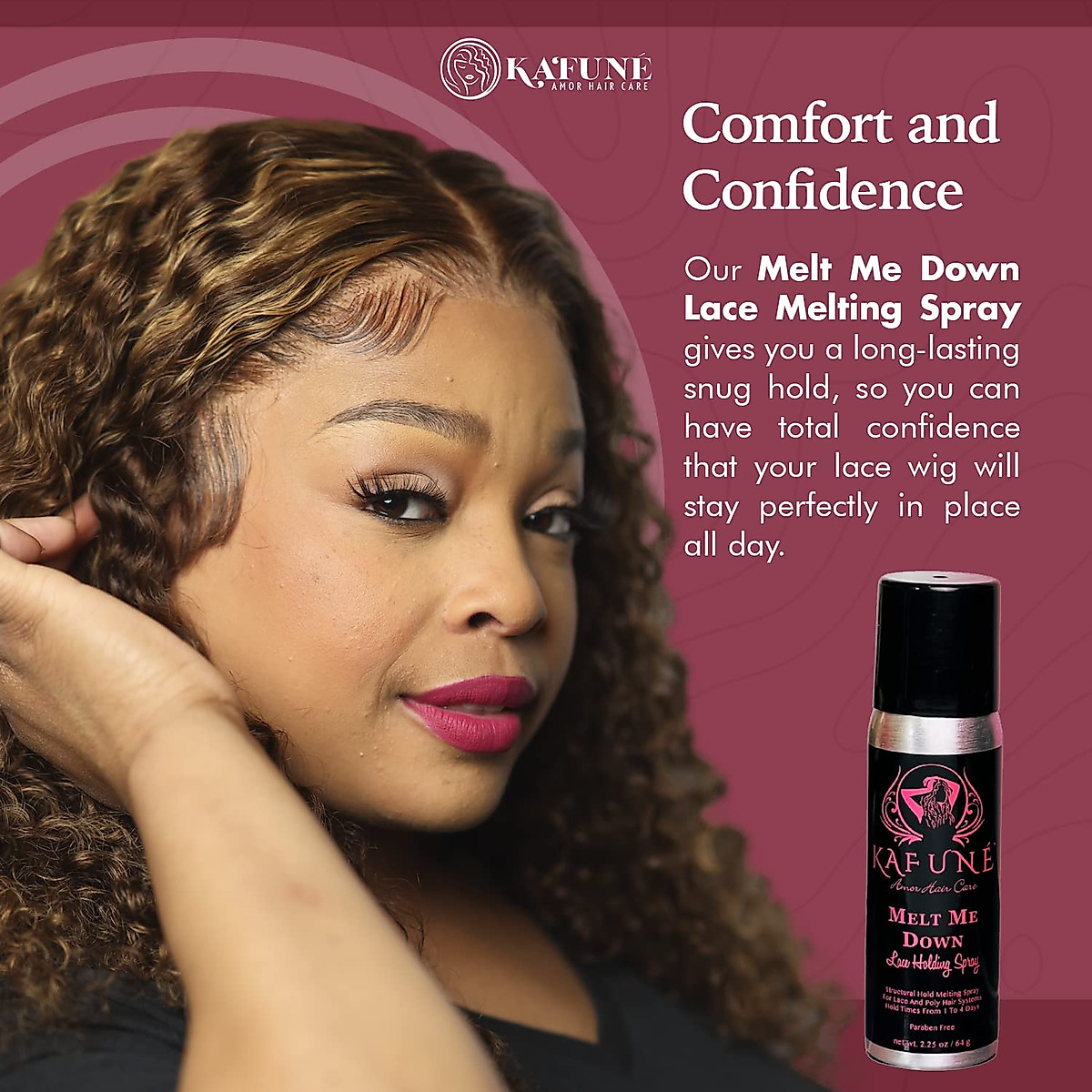 Kafune Amor Hair Melt Me Down Lace Melting Holding Spray - Glueless Wig Install, 1-5 Day Hold, Safe for HD/Swiss Lace Wig, No Flake/Residue, Quick Dry, Ideal for Daily Wearers Substitute for lace glue