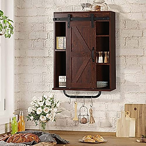 LUCKWIND Bathroom Farmhouse Medicine Cabinet with Sliding Barn Door, Retro Rustic Brown Wall Mounted Bathroom Cabinet w/Removable Towel Bar,Spaces Saving Storage Cabinet for Bathroom,Kitchen,Entryway