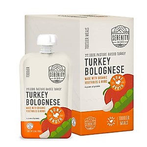 Serenity Kids Bone Broth Puree Made With Organic Veggies | Clean Label Project Purity Award Certified | 3.5 Ounce BPA-Free Pouch | Pasture Raised Turkey Bolognese | 6 Count