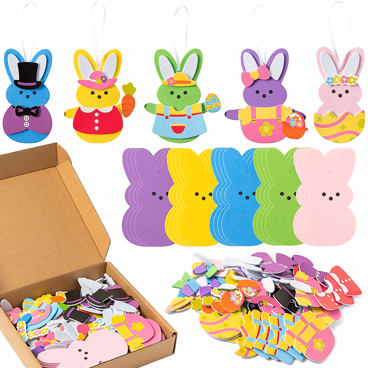 3sscha 20 Sets Easter Bunny Foam Stickers Craft for Kids Candy Rabbit Self-Adhesive Sticker DIY Handmade Artwork Project for School Classroom Home Activity, Easter Gift Spring Party Favor Decoration
