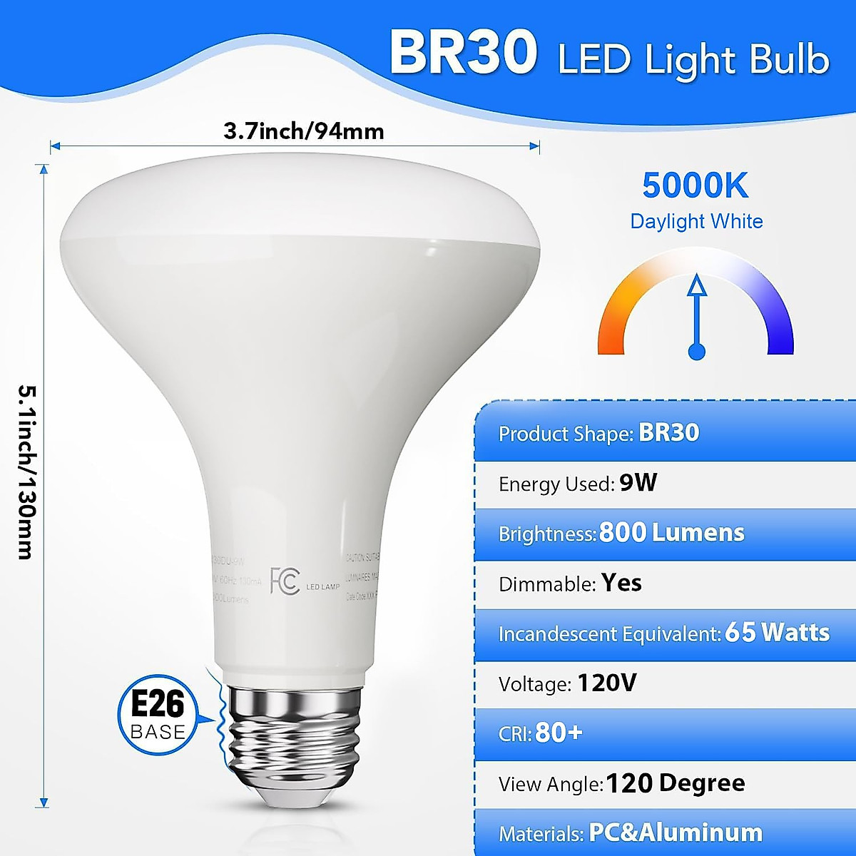 VOLIVO BR30 LED Bulbs 12 Pack, Dimmable Flood Light Bulb,5000k Daylight Light Bulbs, 9W Equivalent 65W Incandescent Blubs,800 Lumens, E26 Base, CRI 80,Recessed Light Bulb for Ceiling,Kitchen