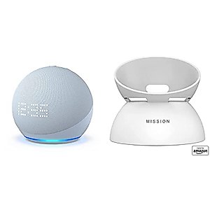 All-New Echo Dot (5th Gen, 2022 release) with clock | Cloud Blue, with Made for Amazon Battery Base| White