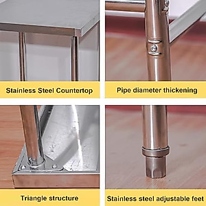 Single Tier Stainless Steel Work Table Commercial Multifunctional Preparation Table Kitchen Utility Open Storage Rack Metal Table Sturdy and Stable with Stainless Steel Adjustable Feet