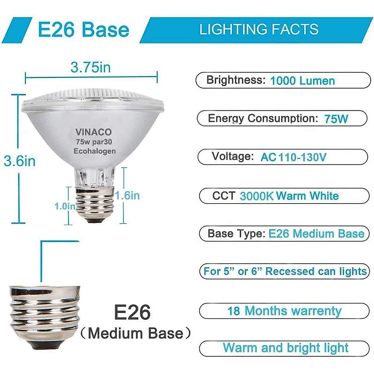 Vinaco Par30 Short Neck, 6pcs PAR30 75W 120V Light Bulbs, Dimmable. Premium Quality for Long Lasting Life, E26 Base, 3000K Warm White, par30 Flood Light Great for Accent Lighting, Tracking Light