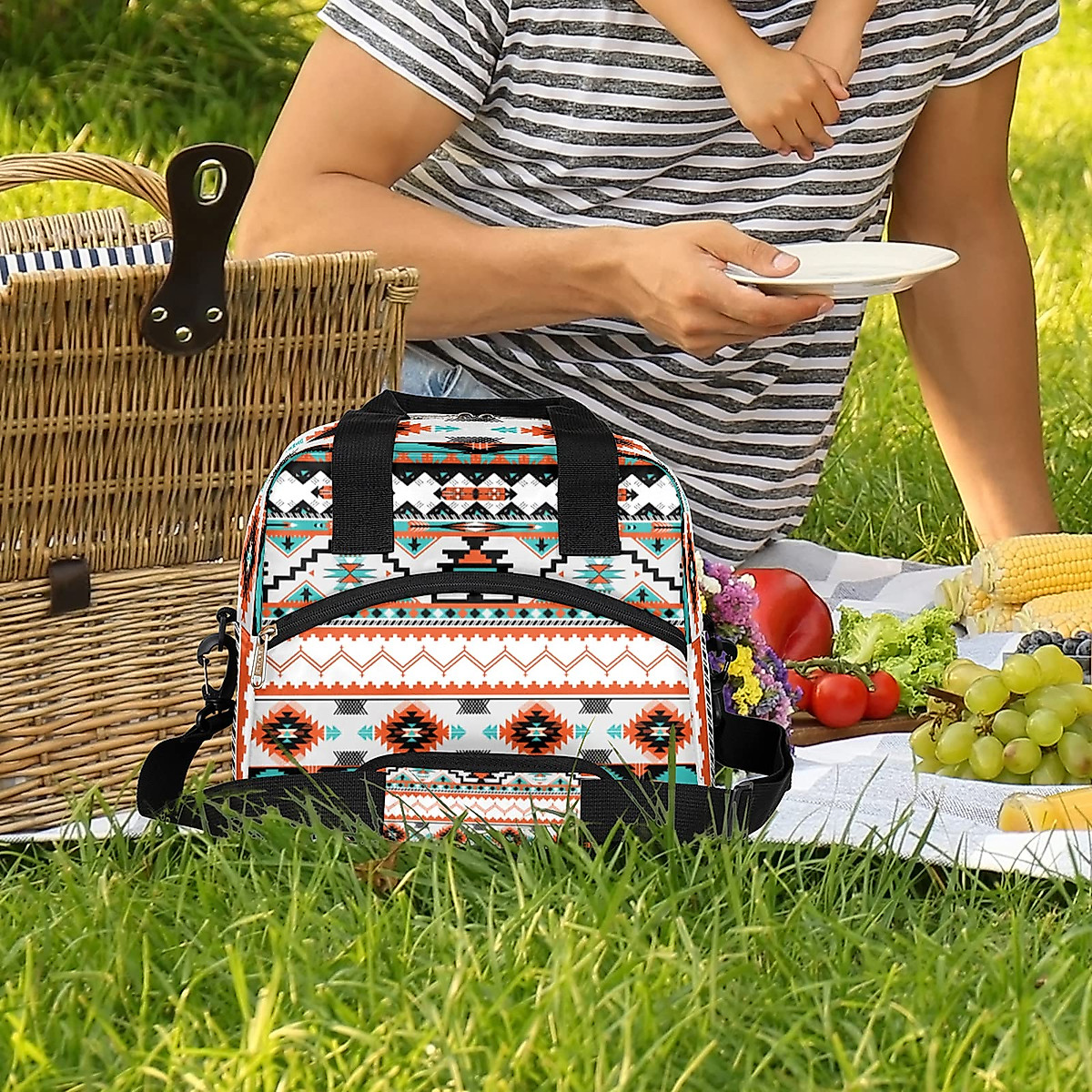Bardic Aztec Geometric Lunch Bag, Oxford Material, Leakproof and Insulated, 11.8L x 7W x 10.2H