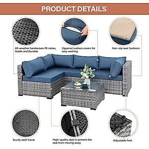 Walsunny Patio Furniture Set, 5 Pieces Outdoor Sectional Sofa Wicker Conversation Sets with Tea Table and Patio Couch Cushions(Aegean Blue)