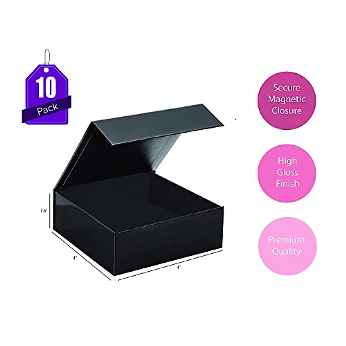 Purple Q Crafts SMALL Black Hard Gift Box With Magnetic Closure Lid 4" x 4" x 1.6" Square Favor Boxes With black Glossy Finish (Black 10 Boxes)