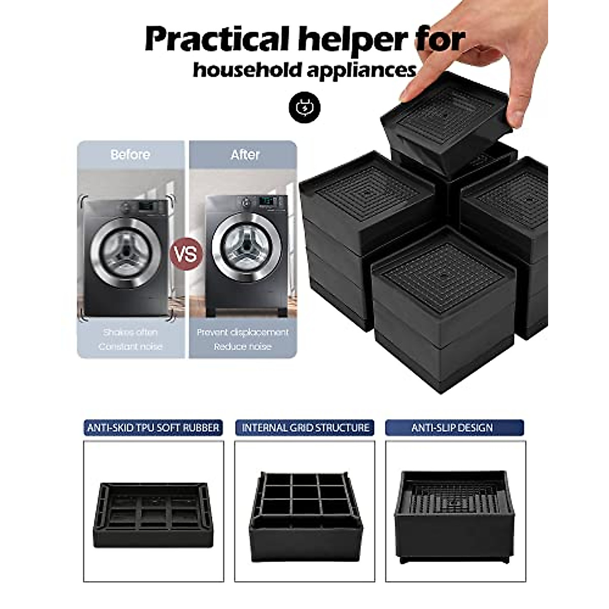 Furniture Risers, Tclouda Bed/Sofa/Desk/Table/Chair Leg/Fridge Lifts to 1.5, 3 and 4 in, Rectangle Adjustable Risers Blocks for Extenders, Heavy Duty Supports Up to 1300 Lbs, 3 in-Black-Square