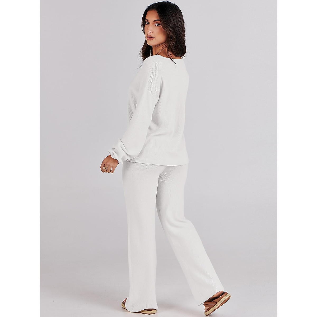 ANRABESS Women 2 Piece Outfits Sweater Lounge Sets Long Sleeve Cable Knit Pullover and Wide Leg Pants Tracksuit Matching Set White Large