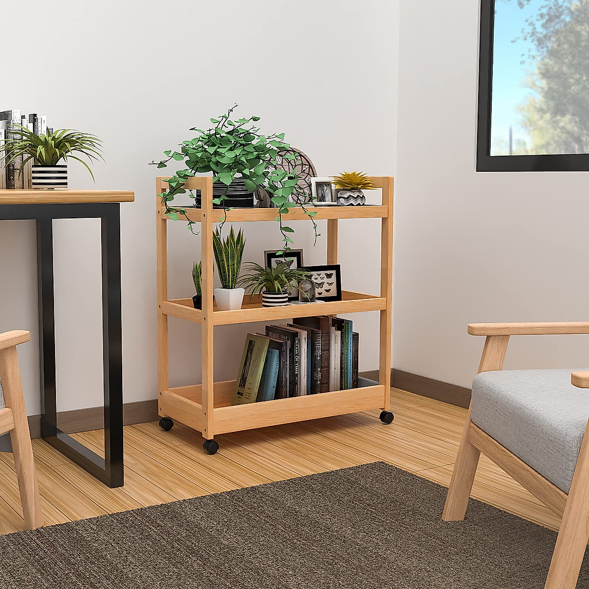 Purbambo Kitchen Storage Cart on Wheels, 3 Tier Bamboo Rolling Cart, Mobile Utility Cart for Home, Kitchen, Dining Room, Coffee Bar