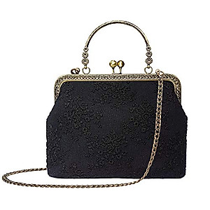 Rejolly Women Vintage Kiss Lock Evening Purse Top Handle Handbag Lace Crossbody Shoulder Clutch Bag with Chain Strap Black