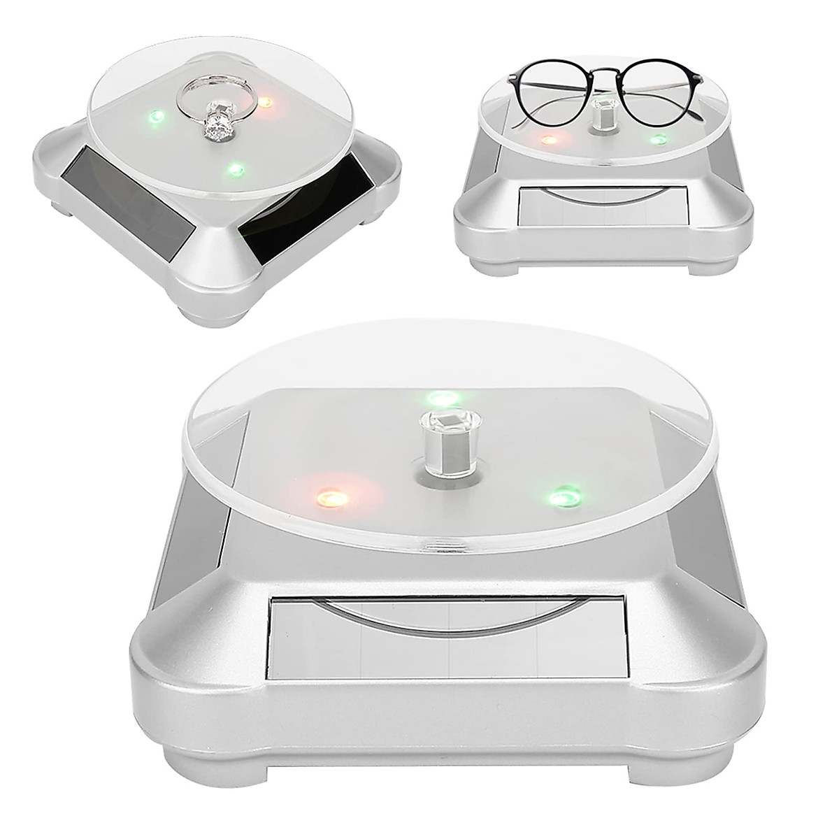 YUYTE Solar Powered Rotating Display Stand, Tray Base Jewelry Turntable Display Stand with LED Light for Jewelry Spinner Watch Hobby Collection Shelf [#2]