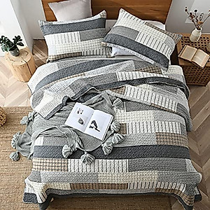 Finlonte Quilt Queen Size 100% Cotton Queen Size Quilts Grey Black Brown Bedspreads Plaid Quilts Lightweight Soft Breathable Bedding Sets for All Season, 3 Piece