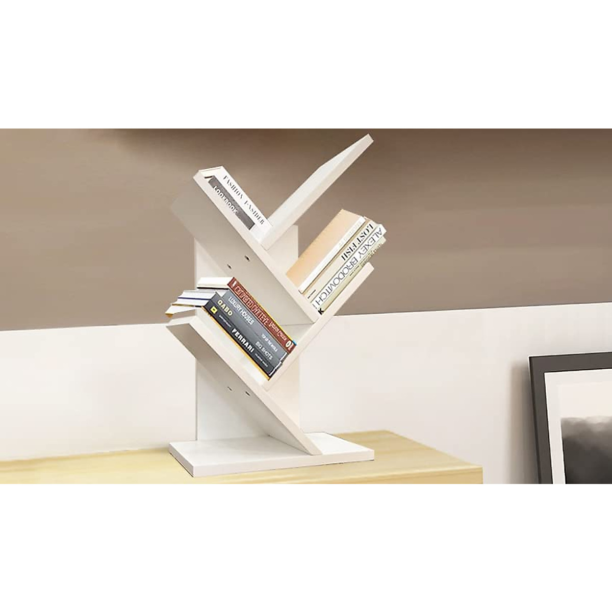 STEADYZ Solid Wood Tree Bookshelf, Modern Geometric Bookcase for Small Spaces and Small Rooms, Desktop Tabletop Kitchen Organizer, White