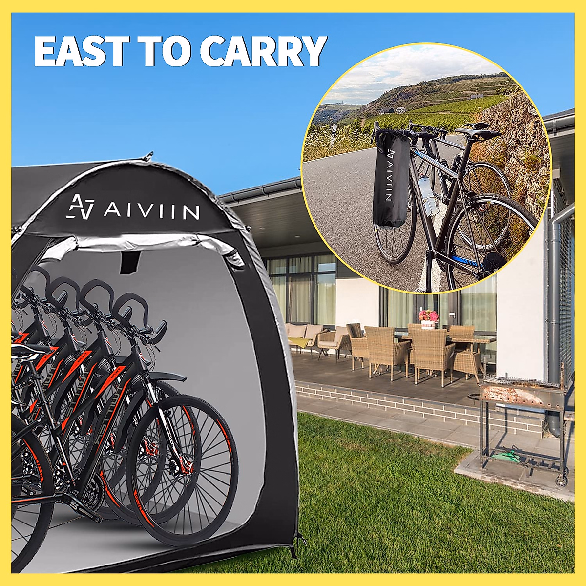 AIVIIN 4 or 5 Bike Tent, 210D Silver-plated Oxford Extra Thick Waterproof &Sunproof Large Outdoor Bikes Storage Shed for Mountain Bicycle, Motorcycle, Garden Repair Tools, Pool Toys, Lawn Mower, Black