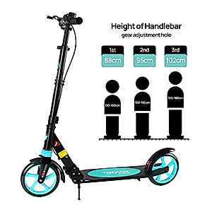 TENBOOM Scooter for Ages 8+ Teens and Adults Kick Scooter Foldable with Double Braking System Bells Adjustable Handlebars Kickstand Max Load 220 LBS 8" Big Wheels