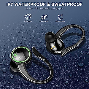 Headphones Bluetooth 5.3 Wireless Earbuds ENC Noise Cancelling Mic, Bass Stereo Over Ear buds with Earhooks, 48H Playback and Dual LED Display, IP7 Waterproof Earphones for Sports/Workouts/Gym/Gaming
