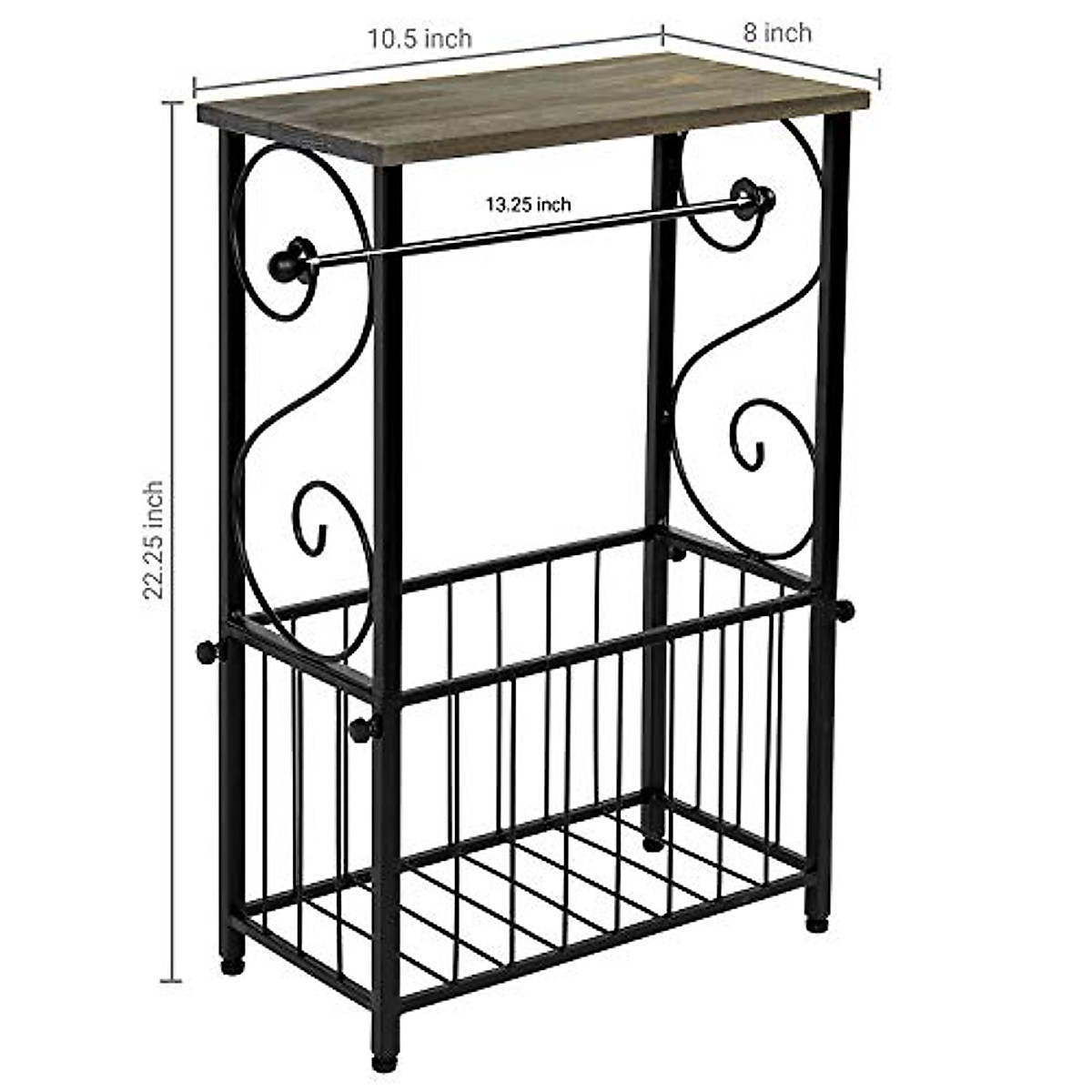 MyGift Scrollwork Black Metal Toilet Paper Roll Holder and Magazine Rack Stand with Gray Solid Wood Display Shelf