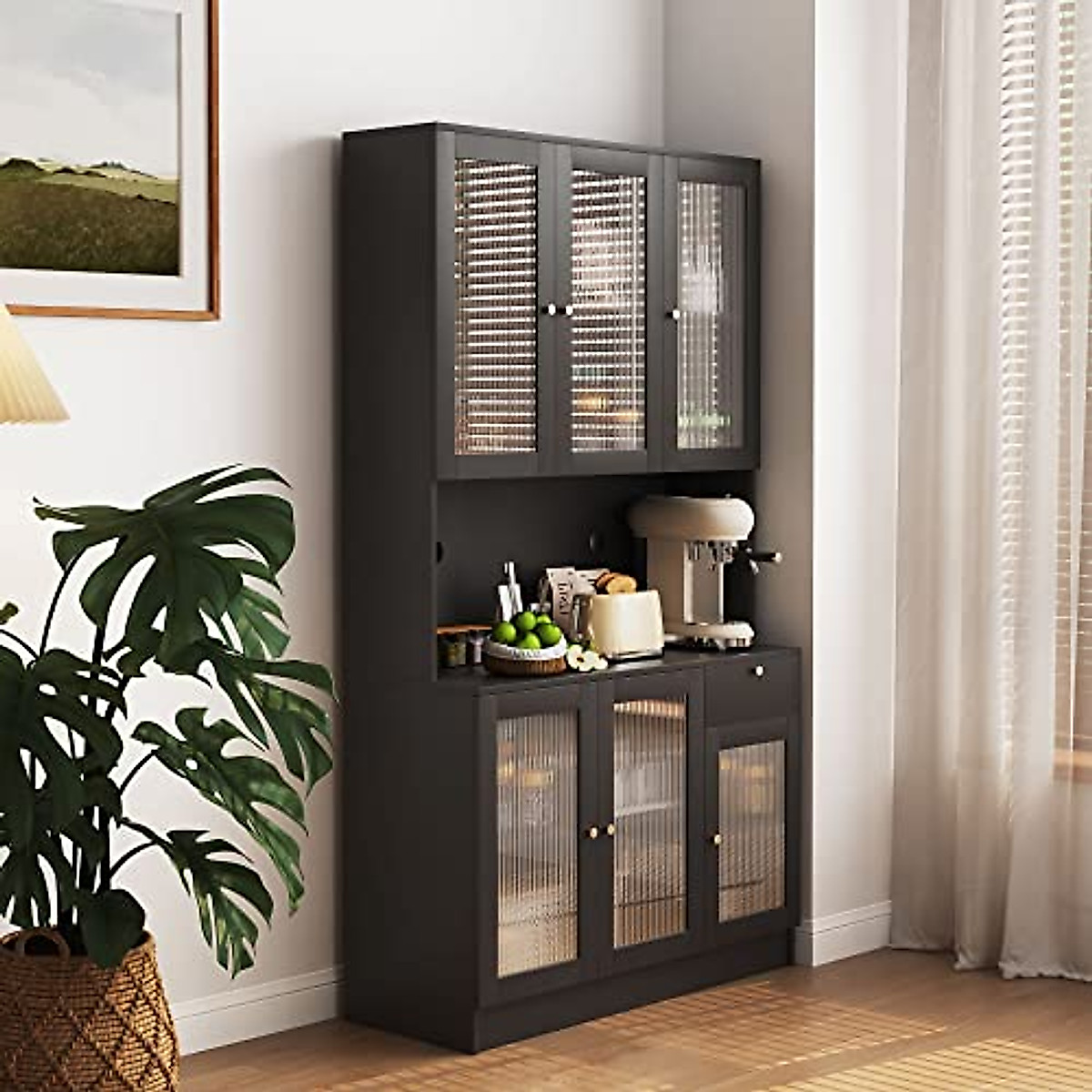 MIYZEAL Kitchen Pantry Storage Cabinet, 69'' Freestanding Pantry Cabinet with Cupboard and Microwave Stand, Modern Hutch Buffet Cabinet with 6-Doors and Drawer for Home Kitchen (Black)